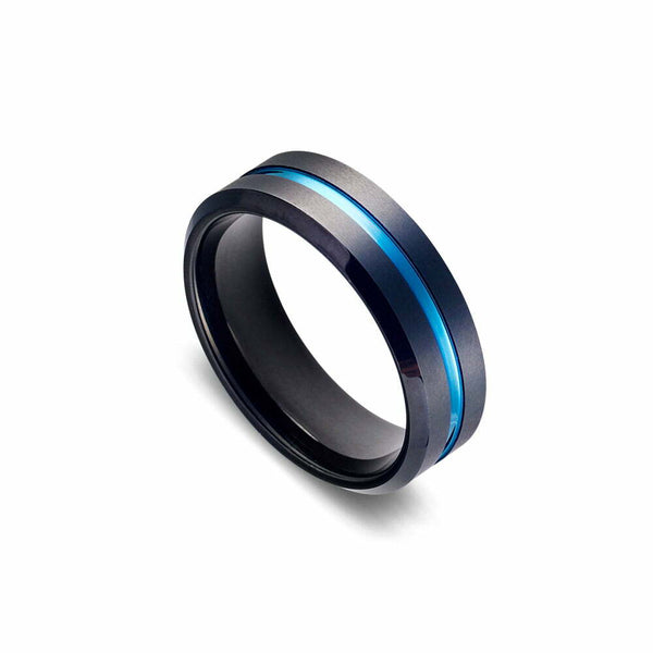 BLAZE BLACK TUNGSTEN STEEL RING WITH BLUE DETAIL | Master Jewellers